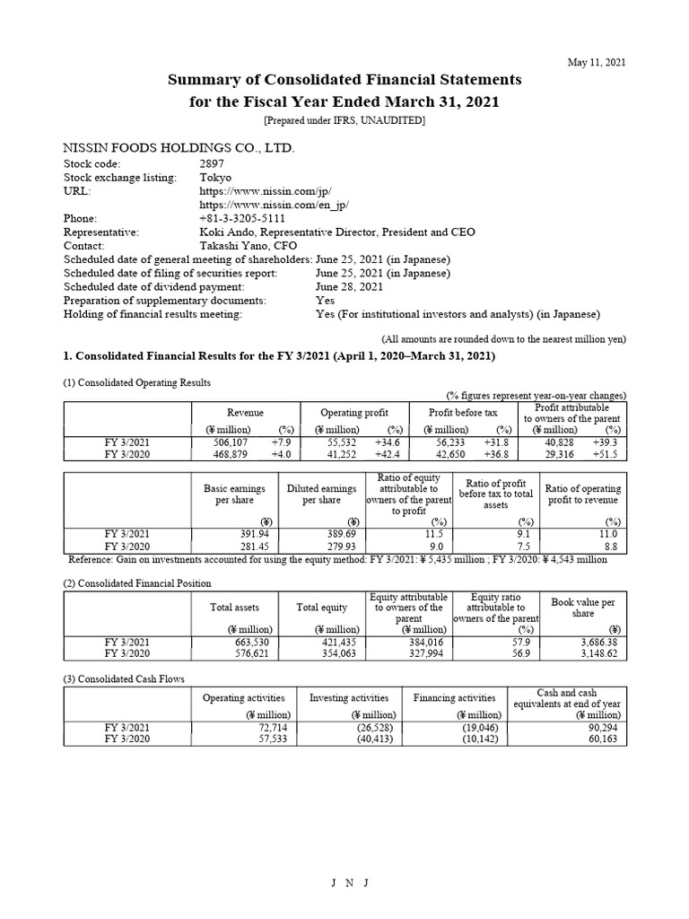Nissin Foods FY 2021 Financial Summary | PDF | Equity (Finance ...