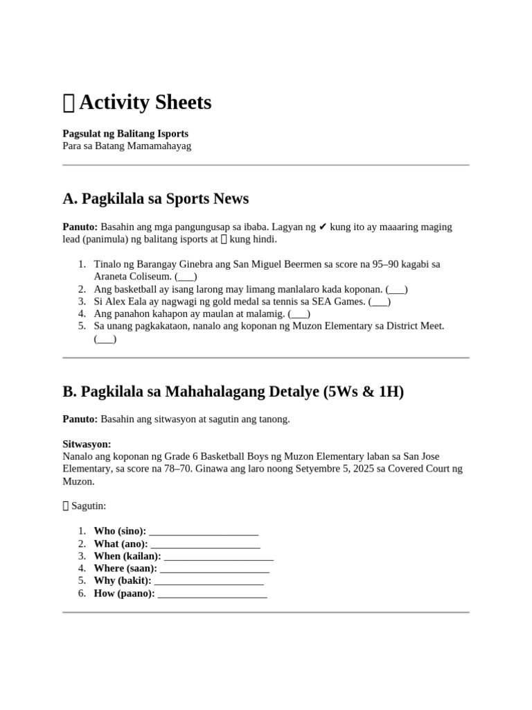 ? Activity Sheets Balitang Sports | PDF