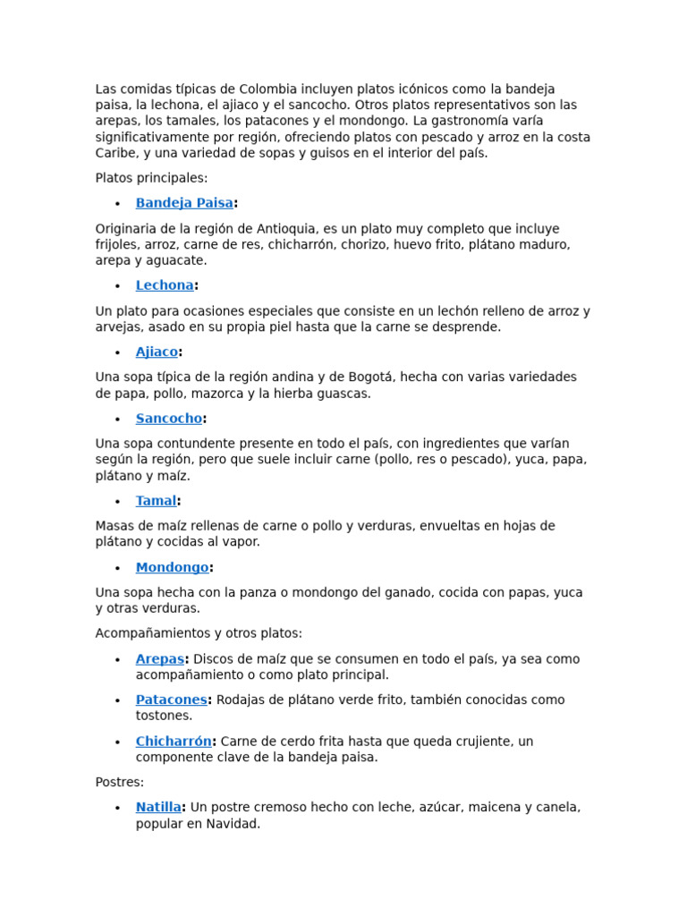 reseña Colombia | PDF | Preparación de comida y bebida | Cocina americana
