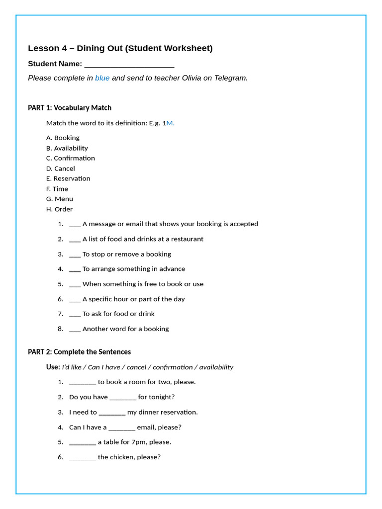 NES - Lesson 5 - Bookings Reservations - Worksheet | PDF
