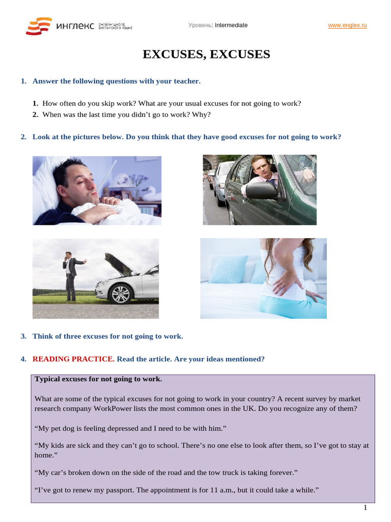 Worksheet Intermediate Excuses | PDF