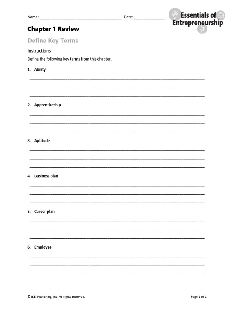 Chapter 1 Define Key Terms | PDF | Entrepreneurship | Employment