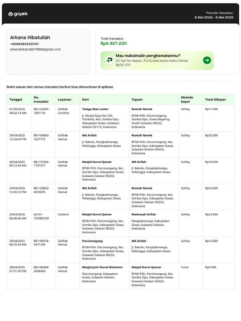 Riwayat Transaksi Gojek 060524-060525 | PDF