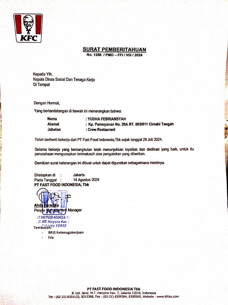 Paklaring KFC | PDF