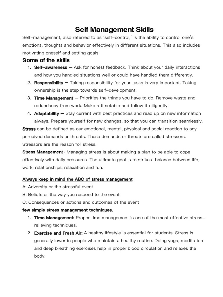 X Self Management Skills | PDF | Stress Management | Stress (Biology)