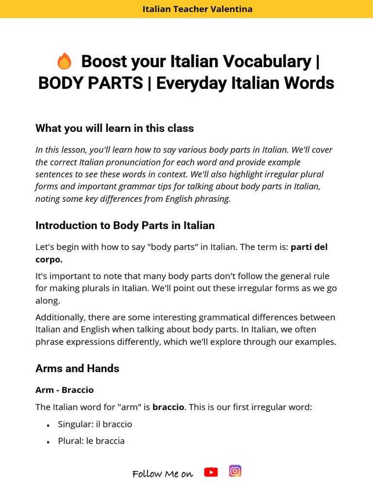 Italian Body Parts: Singular & Plural | PDF | Italian Language ...