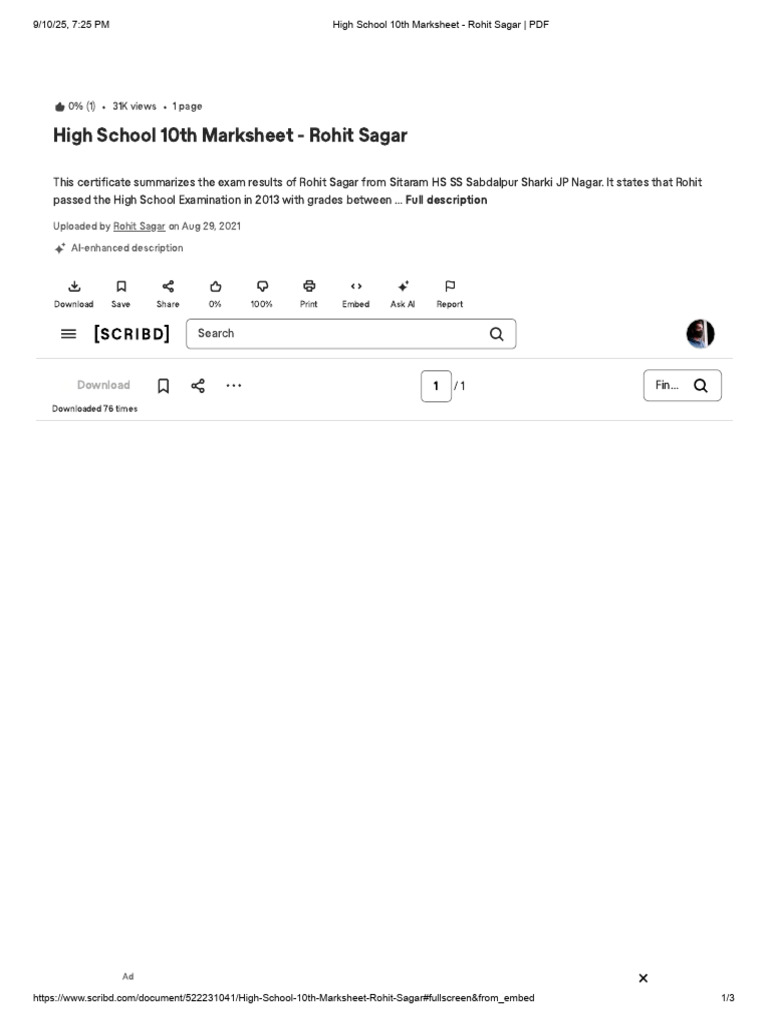 High School 10th Marksheet - Rohit Sagar - PDF | PDF | Scribd