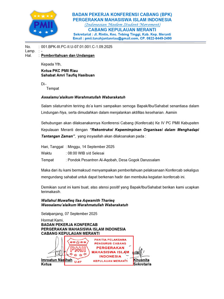 Surat Pemberitahuan Konfercab PC PMII Kep. Meranti (2)-1 | PDF