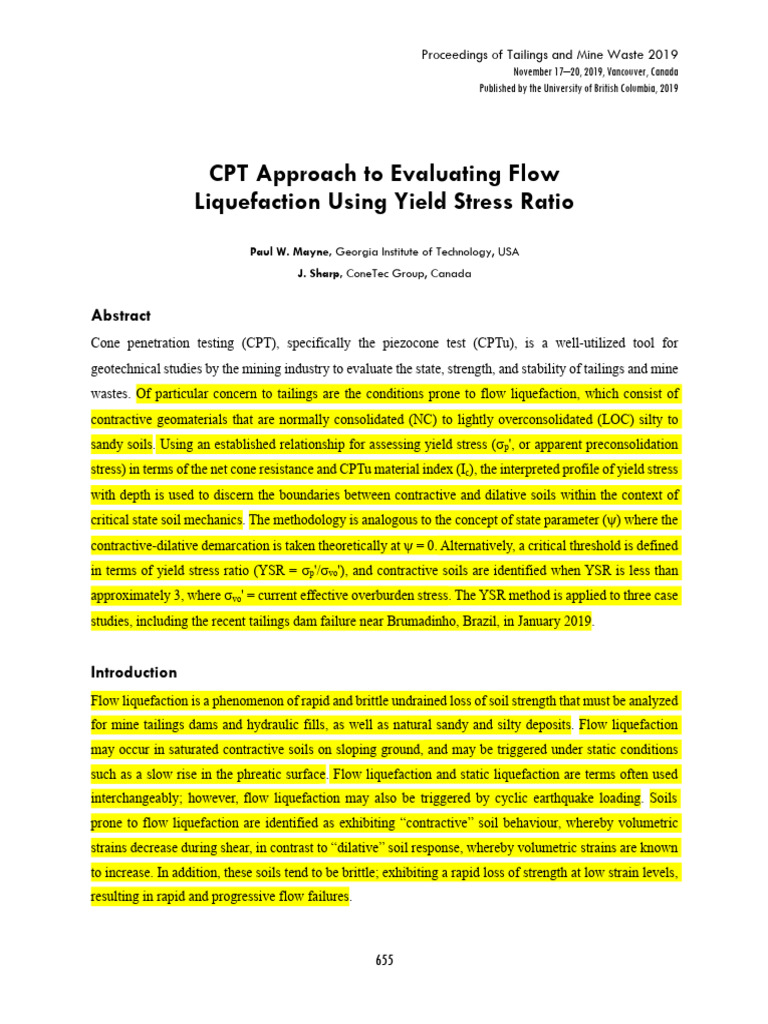 Mayne Sharp 2019 CPT Approach To Evaluating Flow Liquefaction Using Yield Stress Ratio | PDF ...