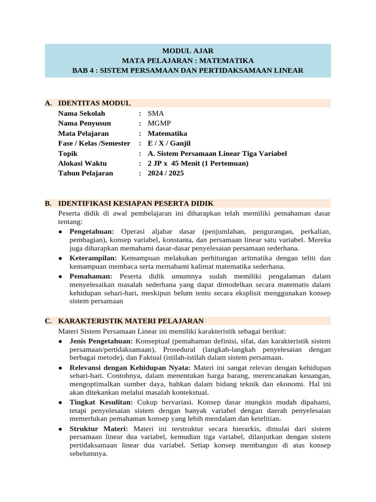 Modul Ajar SPL Tiga Variabel Matematika | PDF