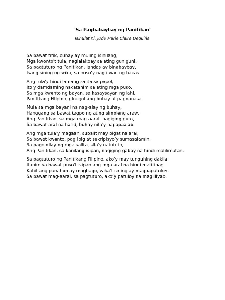 Paggawa NG Sariling Tula - Sa Pagbabaybay NG Panitikan | PDF