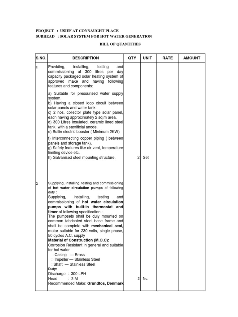 BOQ For Solar Water Heaters | PDF | Water Heating | Copper