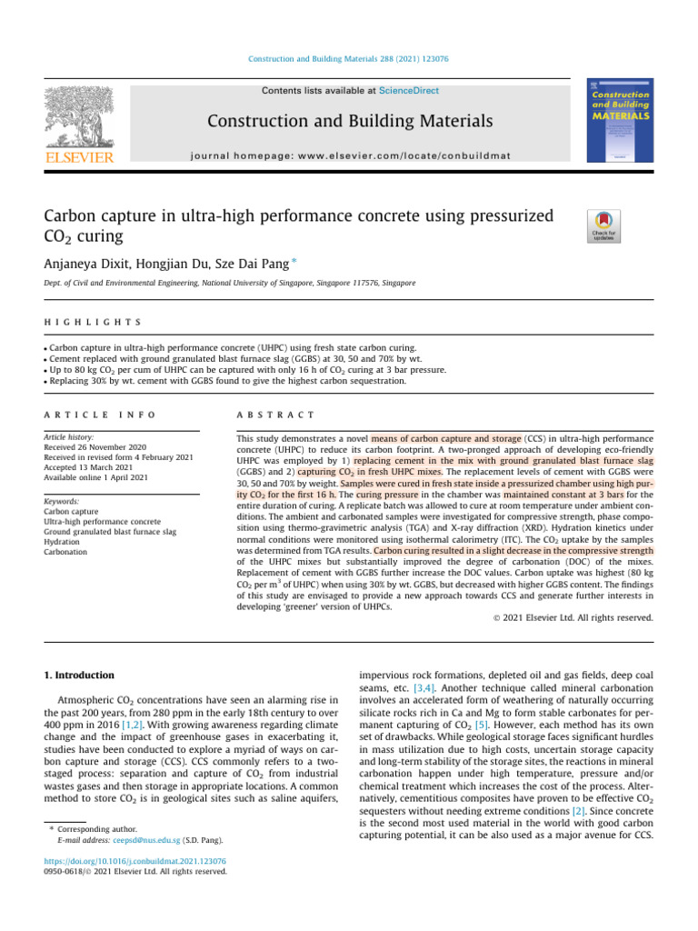 CO2 Capture in Ultra-High Performance Concrete | PDF | Concrete | Cement