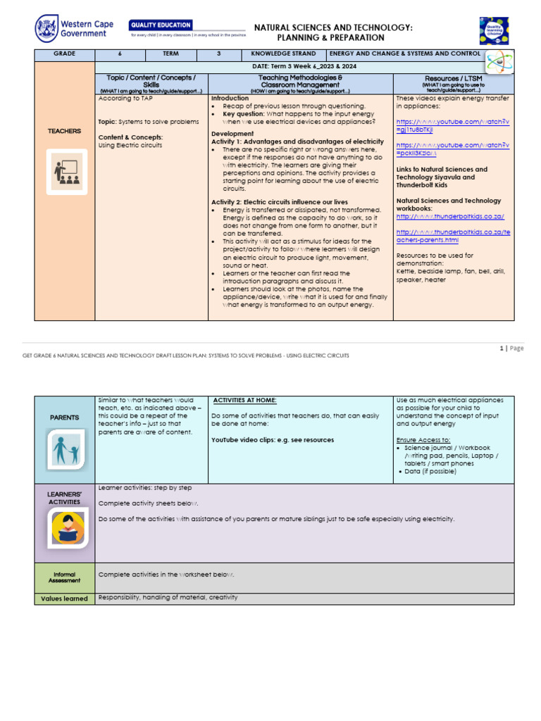 Lesson Plan GET IP Gr. 6 Natural Sciences and Technology T3 W6 | PDF ...