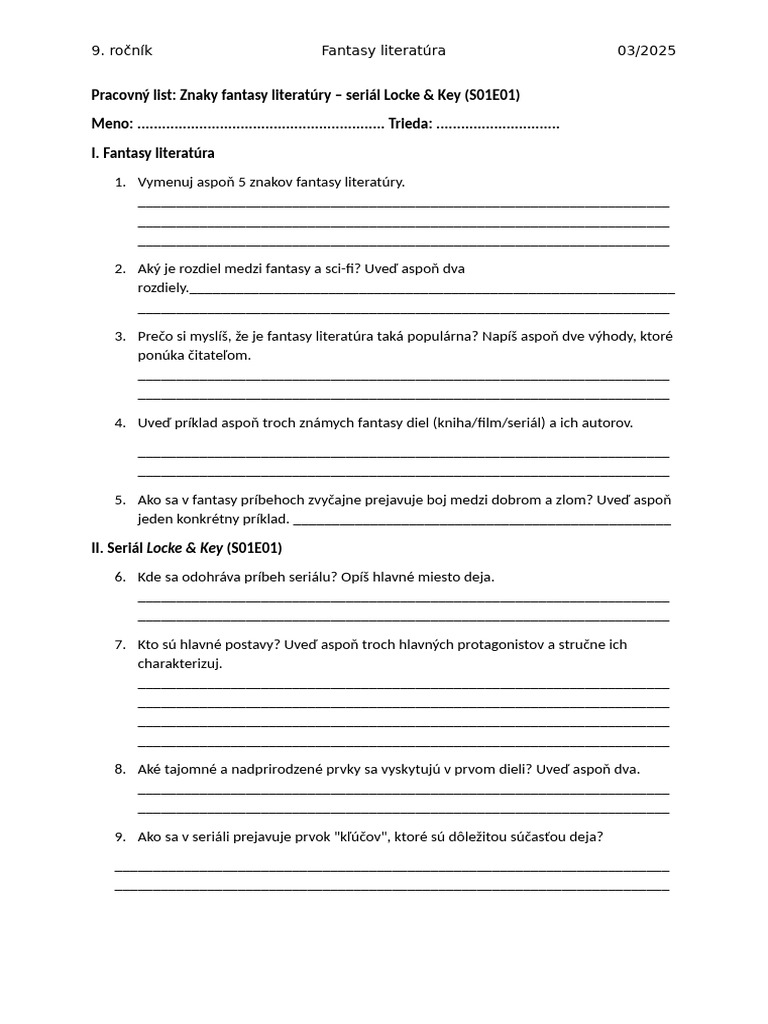 Fantasy Literatúra - 9. Ročník PL k Seriálu Lockey & Key | PDF