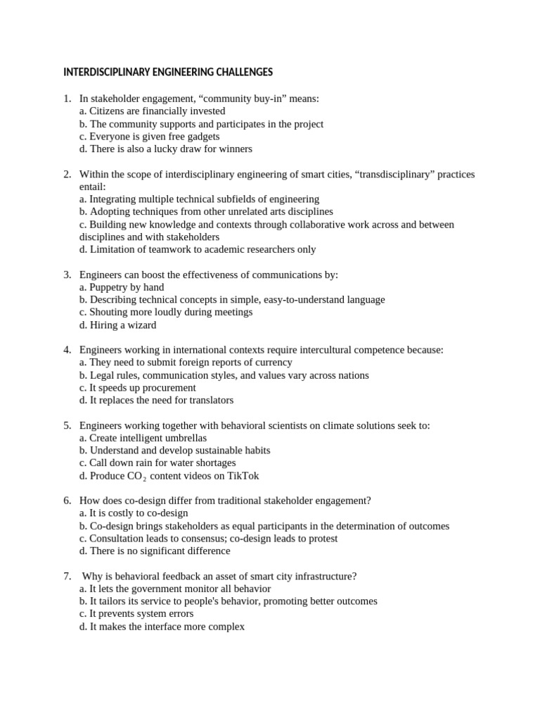 Quiz On Interdisciplinary Engineering Challenges | PDF | Innovation ...