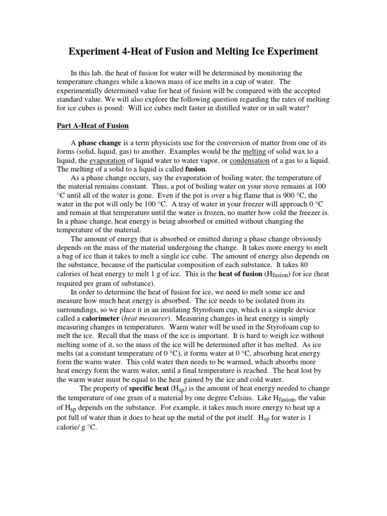 Exp 4 Heat of Fusion-Melting Ice | PDF | Phase (Matter) | Evaporation