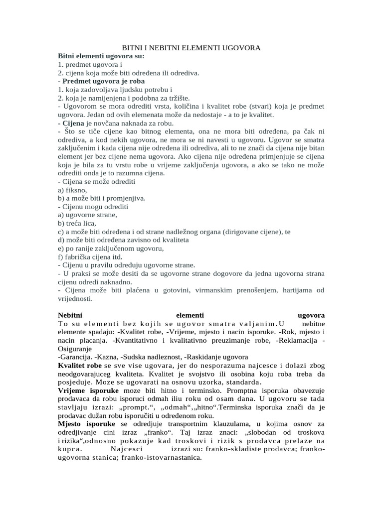Bitni I Nebitni Elementi Ugovora | PDF