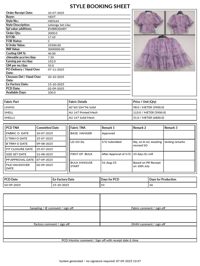 Lehenga Set Order Booking Sheet | PDF