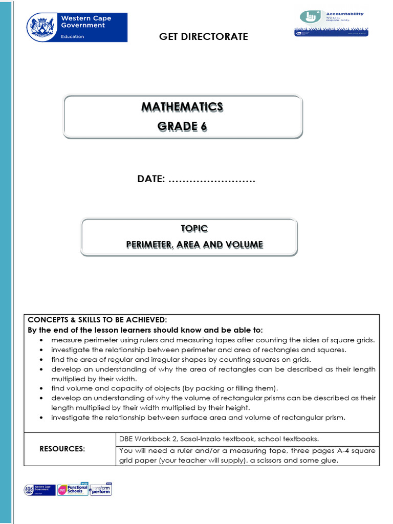 Grade 6 Perimeter, Area, and Volume Guide | PDF | Area | Length