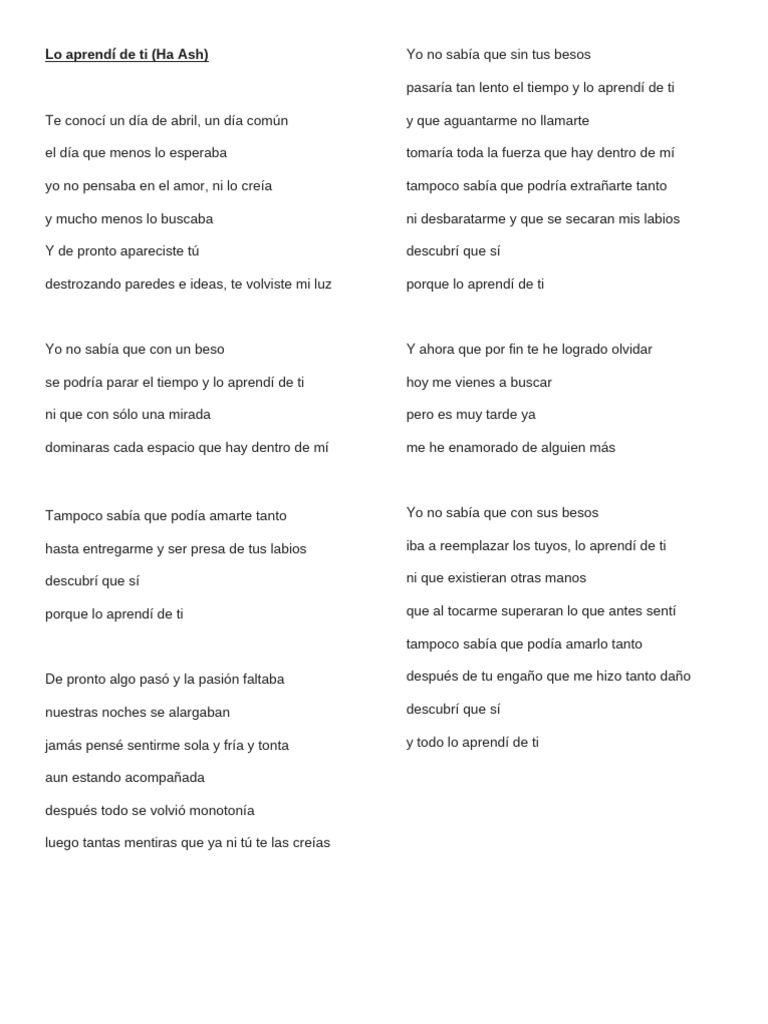 Lo Aprendí de Ti - Ha Ash | PDF