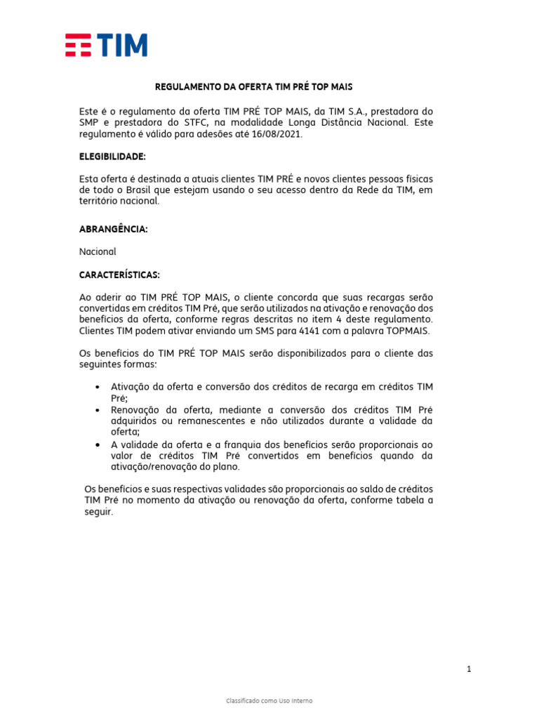 Regulamento TIM PRÉ TOP MAIS 2021 | PDF | Internet | Celulares