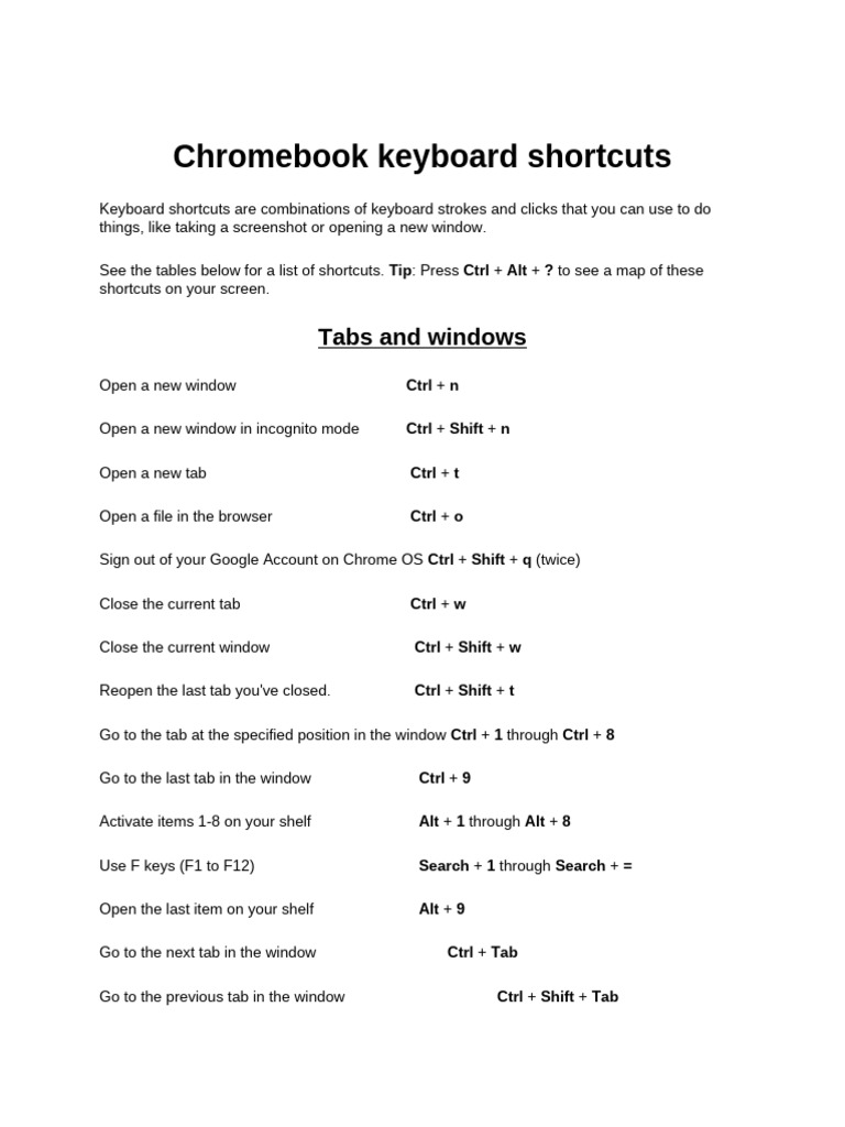 Chromebook Keyboard Shortcuts Guide | PDF | Keyboard Shortcut | Control Key