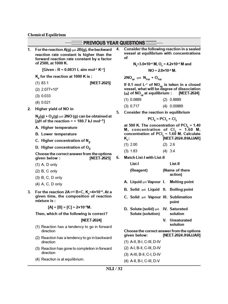 Chemical Equilibrium Questions for NEET | PDF | Chemical Equilibrium ...