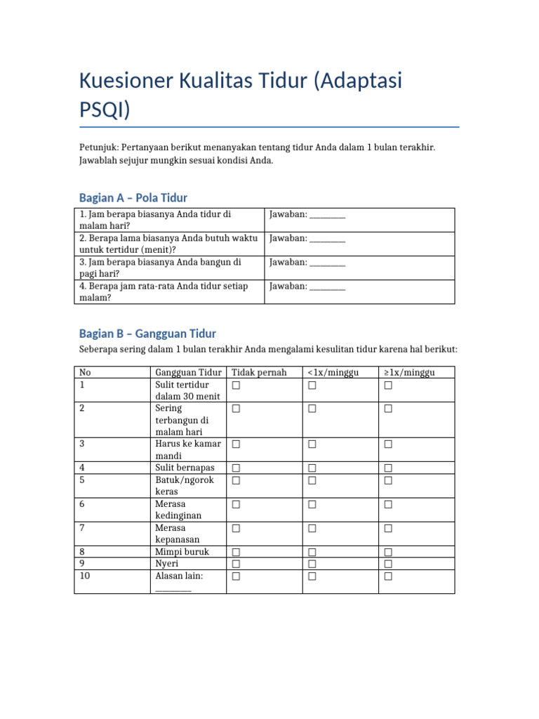 Kuesioner Adaptasi PSQI | PDF