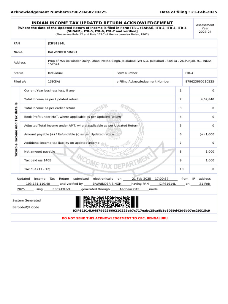 Balwinder Singh ITR 2023 | PDF | Income Tax | Income