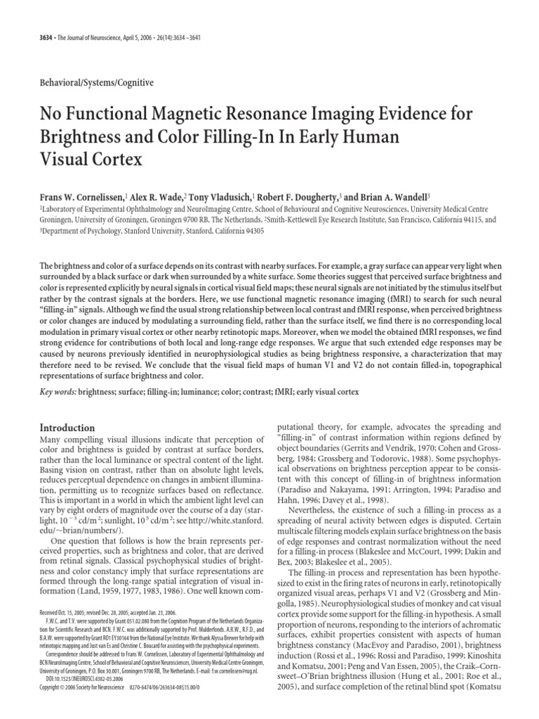 No Evidence of Color Filling-In in V1 | PDF | Visual Cortex ...