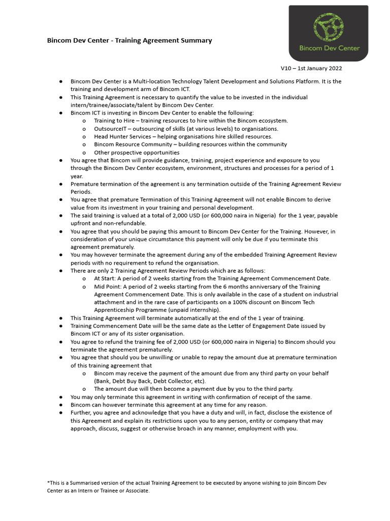 Bincom Dev Center Training Agreement Summary | PDF | Private Law ...