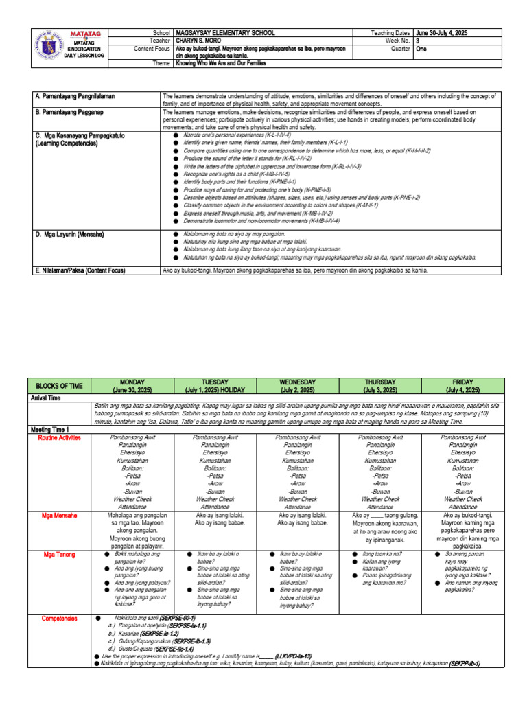 Kinder DLL - Week 3.matatag Curriculum | PDF