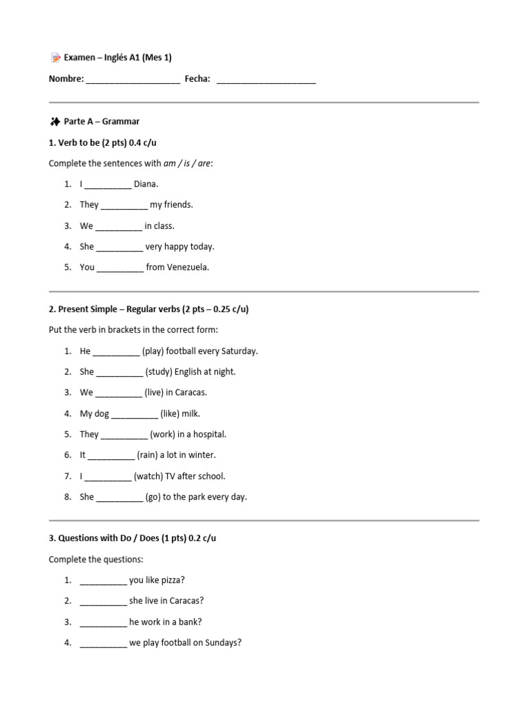 Examen de Inglés A1 - Modelo AACI | PDF | Linguistics | Grammar