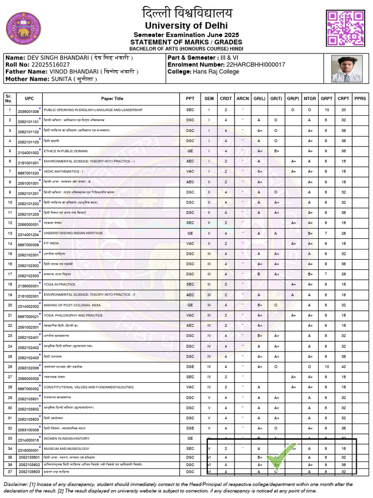 University of Delhi: Semester Examination June 2025 Statement of Marks ...