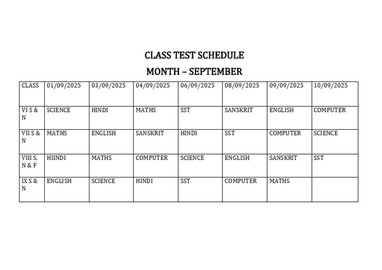 Class Test Schedule September 2025 | PDF