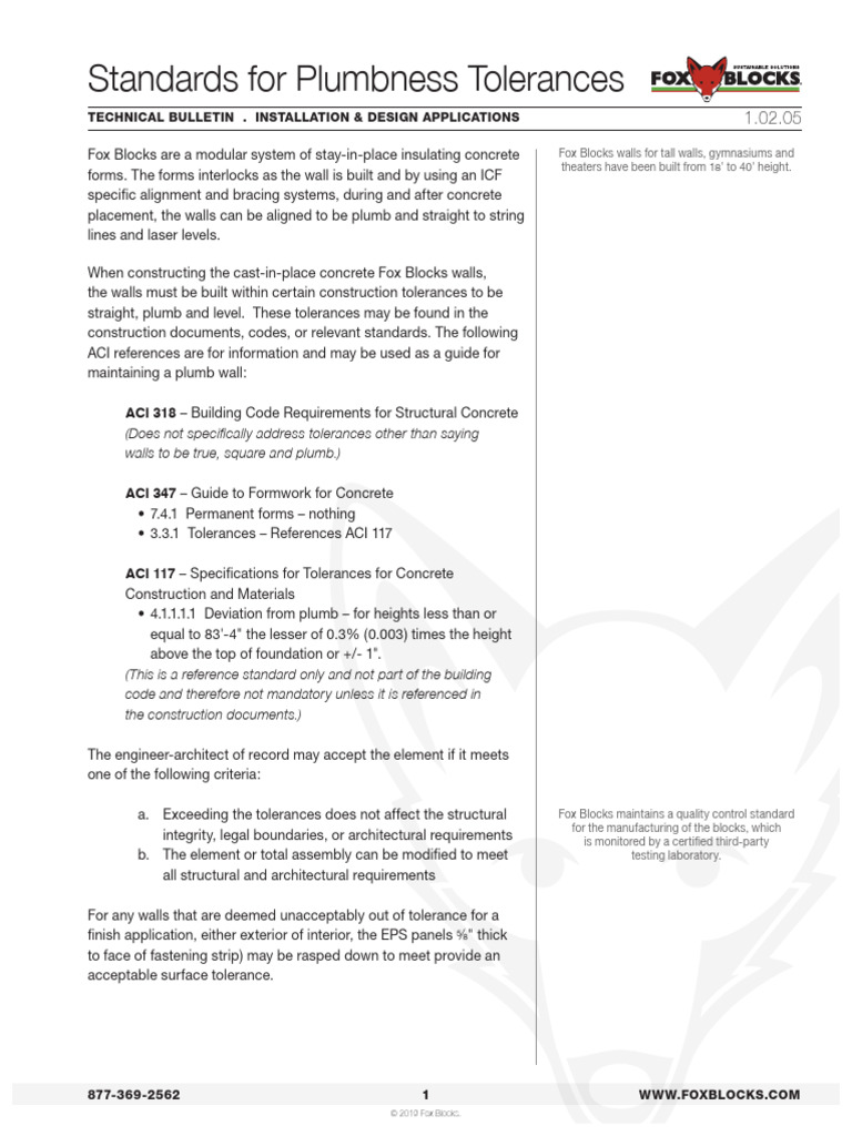 Plumbness Tolerances for Fox Blocks ICF | PDF | Concrete | Engineering ...