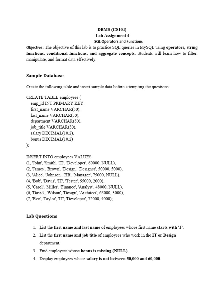 SQL Operators and Functions Lab Guide | PDF | Databases | Data Management