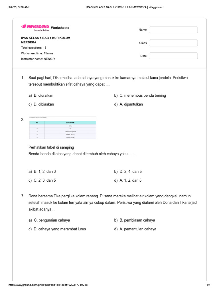 Worksheet IPAS Kelas 5: Cahaya dan Bunyi | PDF