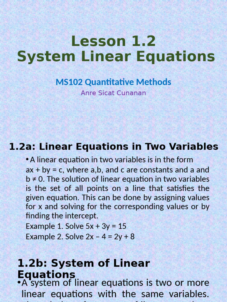 Lesson 1.2 System of Linear Equations | PDF