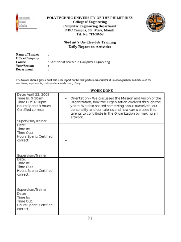 Daily Report on Activities from On-The-Job Training: Orientation and ...