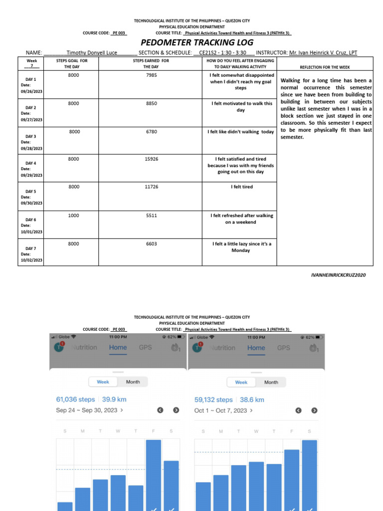 Pedometer Tracking Log for PATHfit 3 | PDF | Physical Education | Life ...