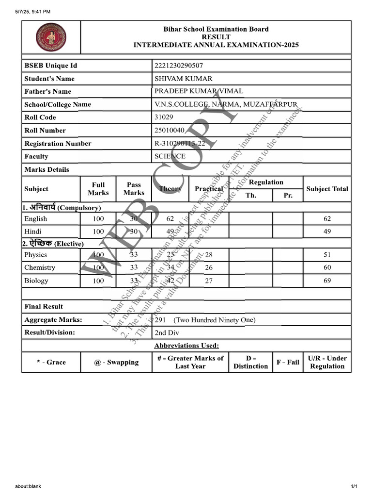 Shivam 12th Result | PDF