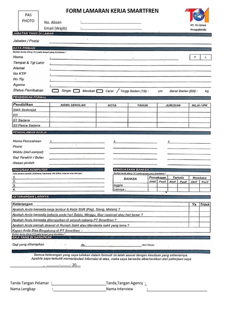 Form Lamaran Kerja SF Topindo | PDF
