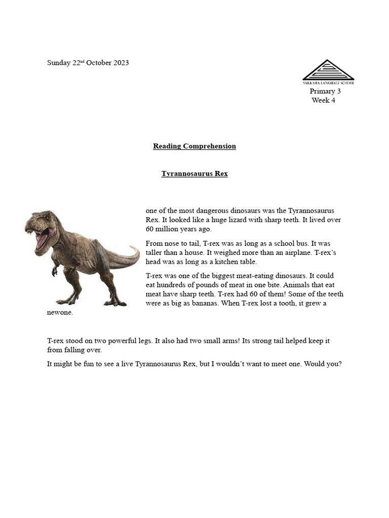 Tyrannosaurus Rex Reading Comprehension | PDF