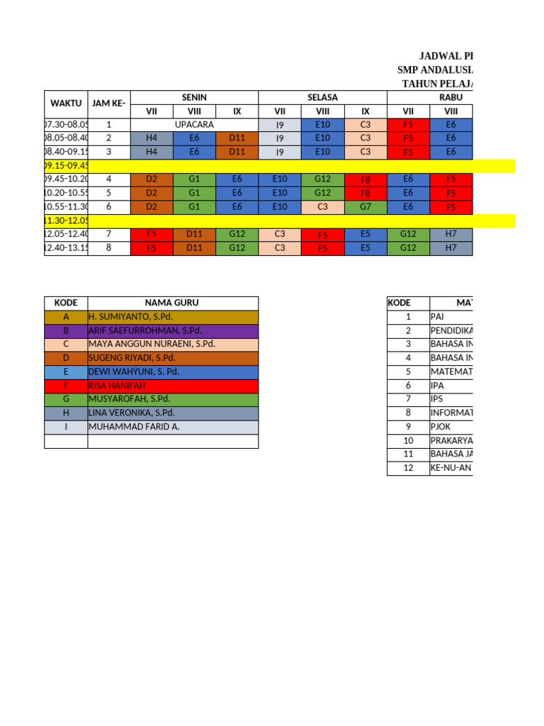 Jadwal Pelajaran SMP Andalusia 1 | PDF