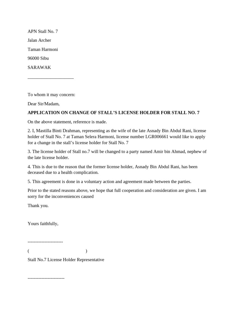 Letter of Voluntarily Change of License Holder | PDF