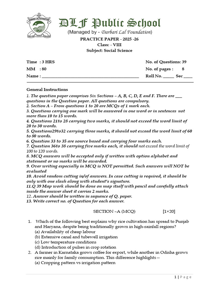 Class VIII Social Science Practice Paper | PDF | Agriculture