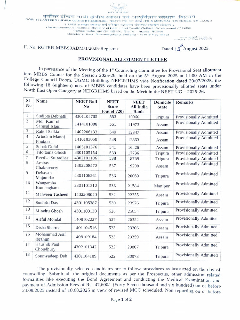 Provisional Allotment Letter 2025 For MBBS Admission | PDF