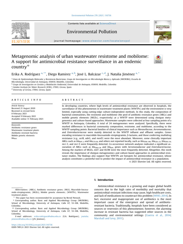 Metagenomic Analysis of Urban Wastewater Resistome and Mobilome 2020 ...